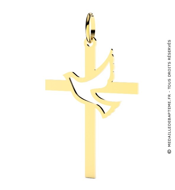 Pendentif croix et colombe ajoure Or jaune 9k